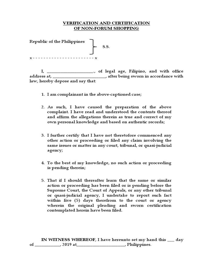Verification of Non-Forum Shopping | PDF | Social Science | Law