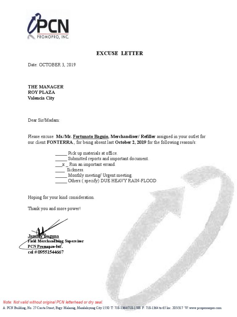 Excuse Letter: The Manager Roy Plaza Valencia City | PDF
