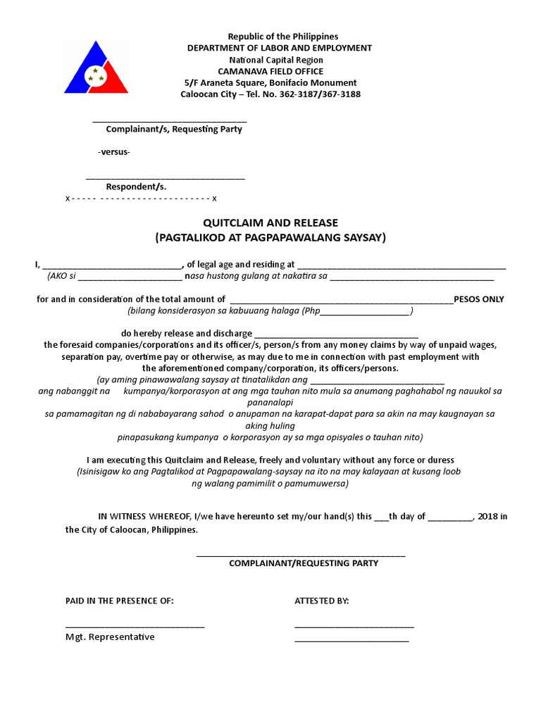 DOLE FORM Quitclaim Release Form | PDF | Employee Relations | Labor