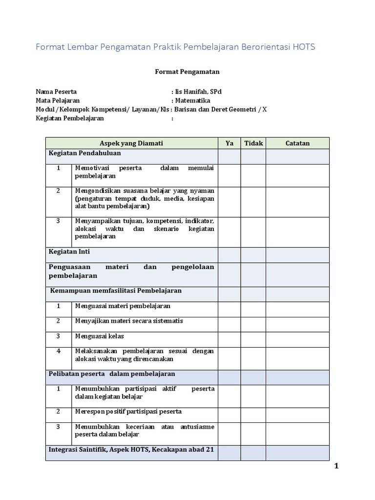 Format Pengamatan HOTS Pembelajaran Matematika | PDF | Sains & Matematika