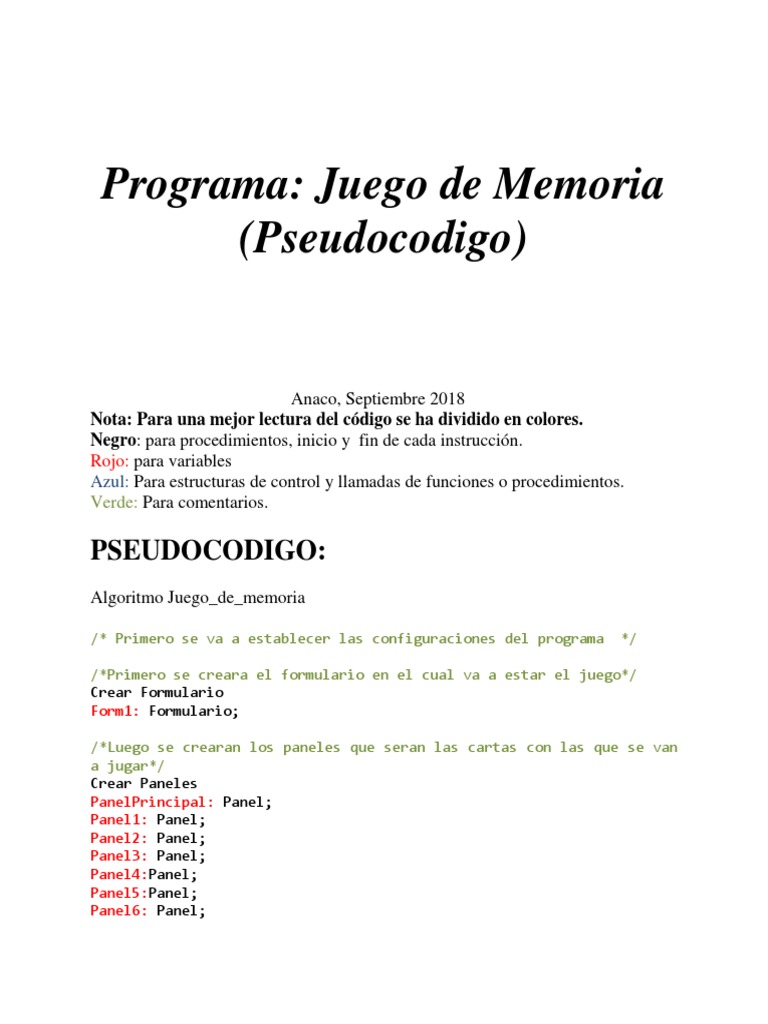 Pseudocodigo de Juego de Memoria | PDF | Programa de computadora | Programación