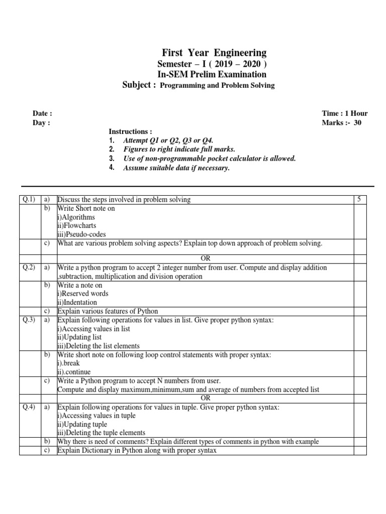 First Year Engineering: Semester - I (2019 - 2020) In-SEM Prelim ...
