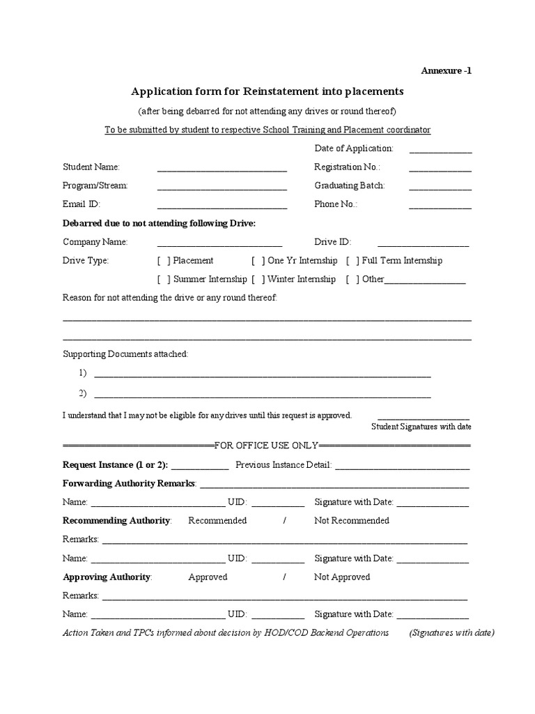 Application Form For Reinstatement Into Placement After Debarment Due ...