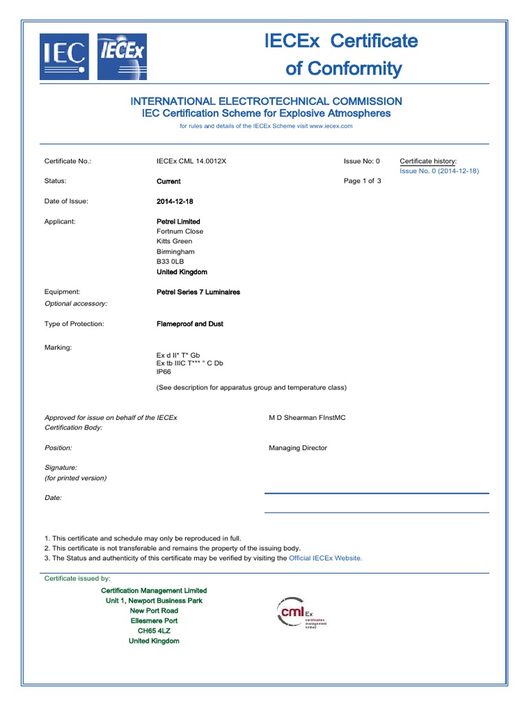 Iecex CML 14.0012X | PDF | Electrical Components | Electrical Engineering