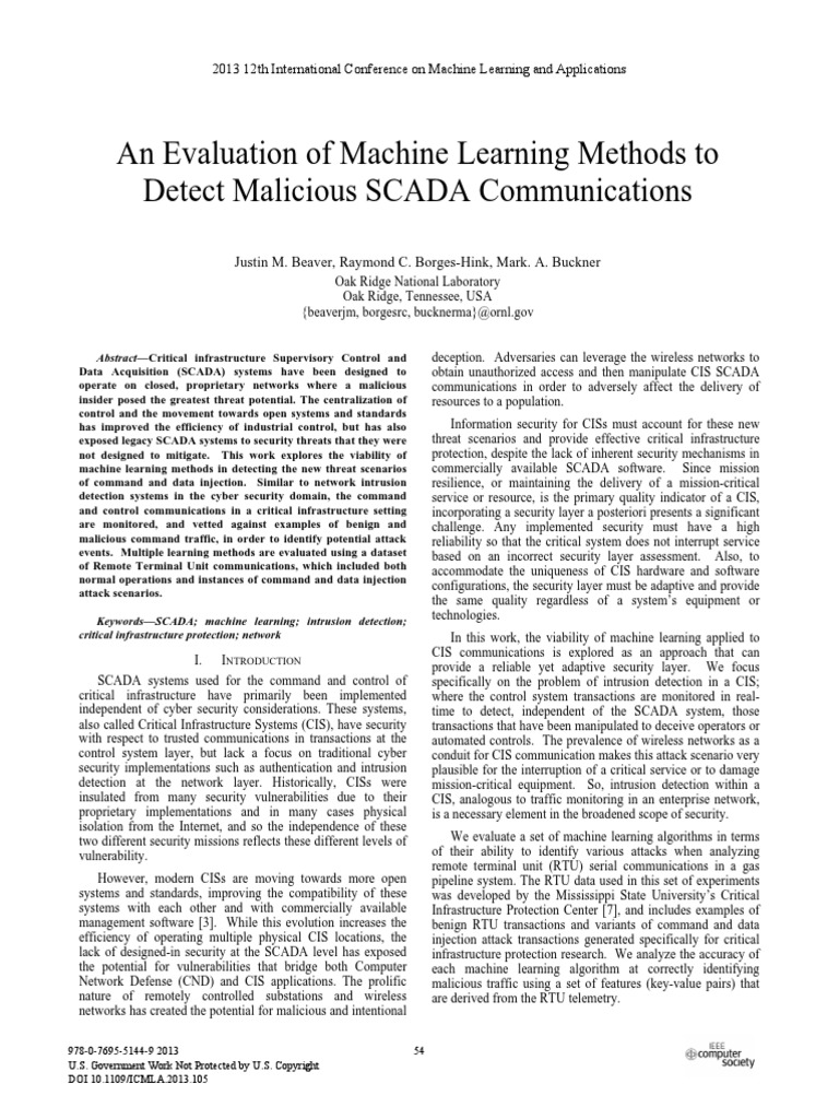 An Evaluation of Machine Learning Methods To Detect Malicious SCADA Communications PDF | PDF ...