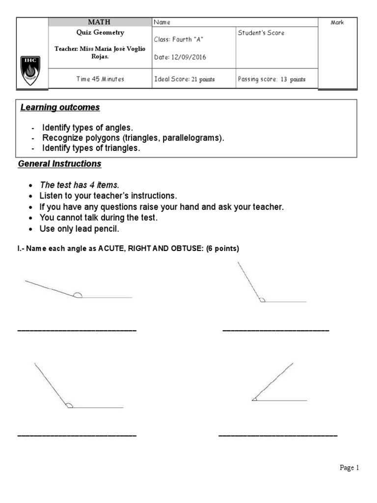 Learning Outcomes: Math Quiz Geometry | PDF | Triangle | Convex Geometry