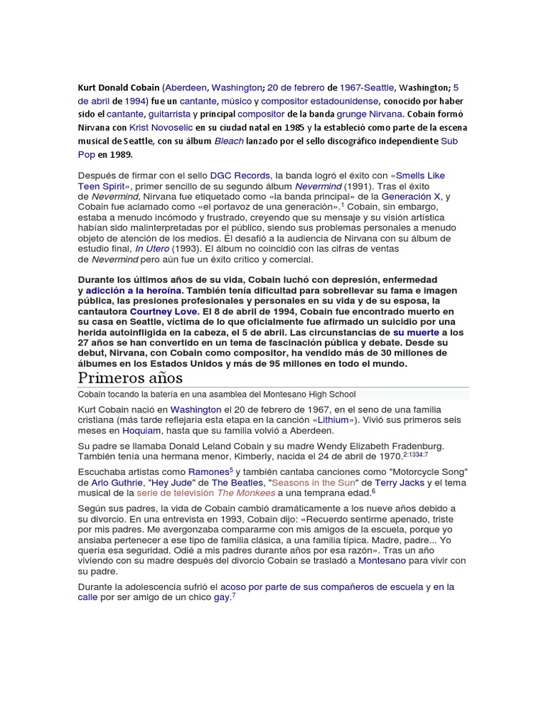 Biografia Kurt Cobain | PDF | Kurt Cobain | Nirvana (banda)