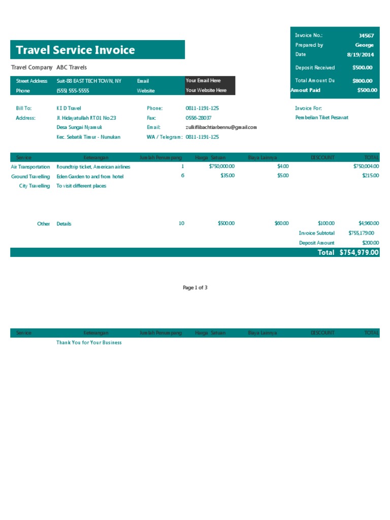 Travel Invoice for K I D Travel | PDF | Business Documents | Accounting