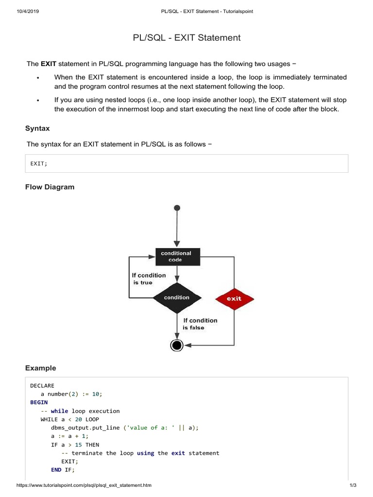 PL - SQL - EXIT Statement - Tutorialspoint | PDF | Control Flow | Pl/Sql