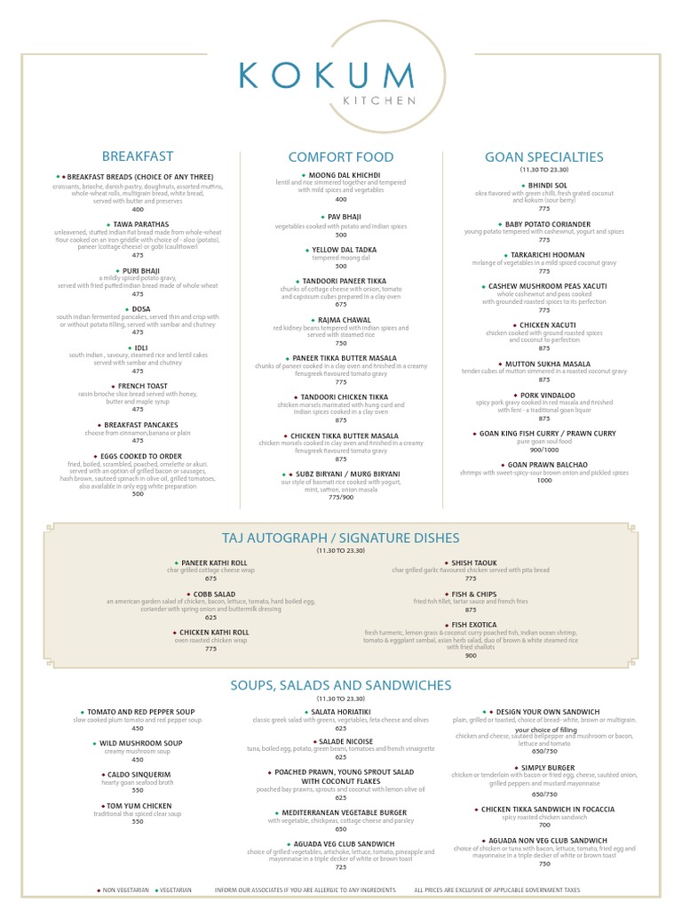 Kokum Kitchen Menu | PDF | Curry | Salad