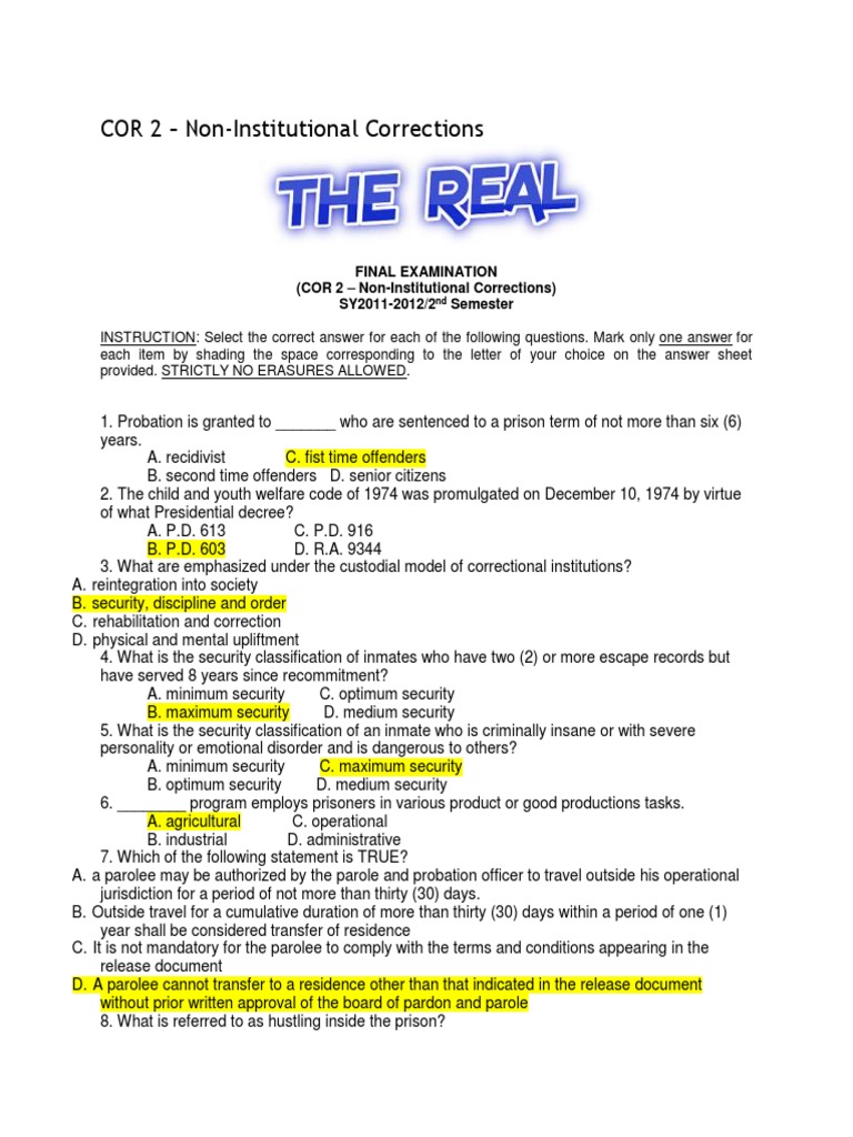 Final Examination (COR 2 - Non-Institutional Corrections) SY2011-2012/2 ...