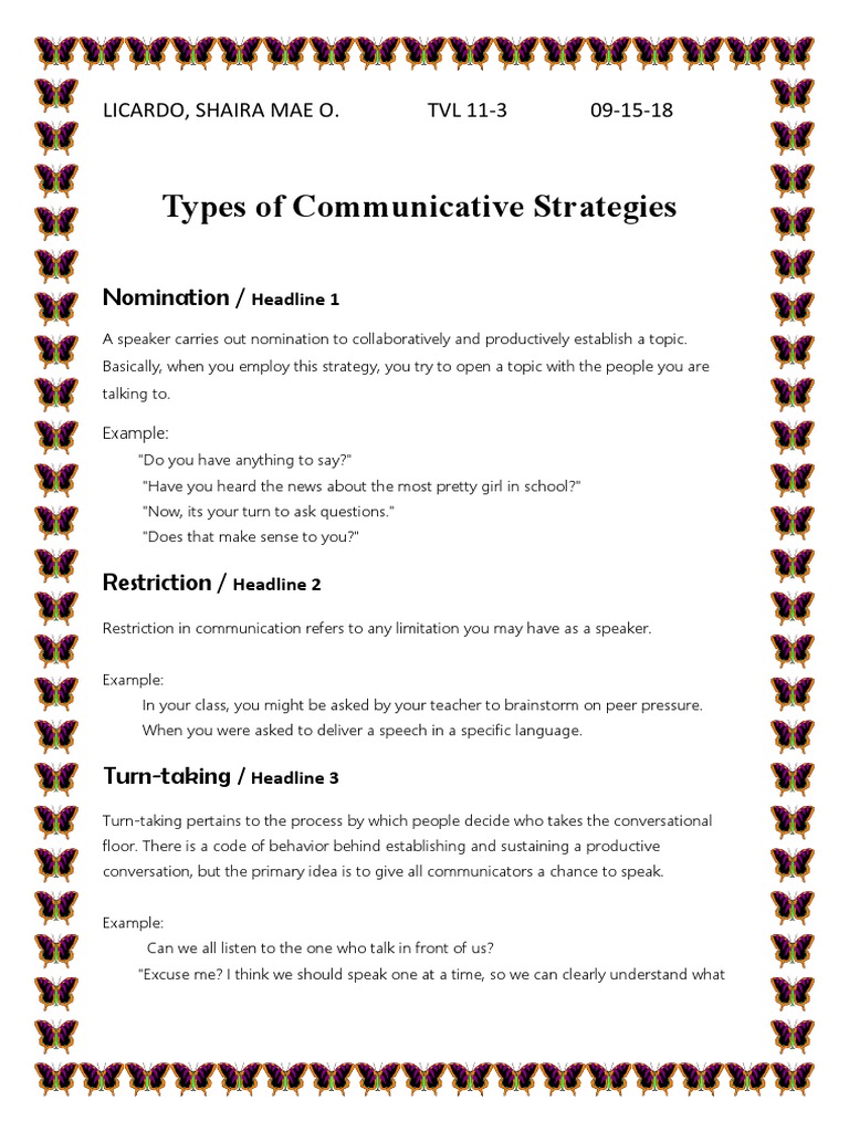 Types of Communicative Strategies: Nomination / | Conversation | Speech