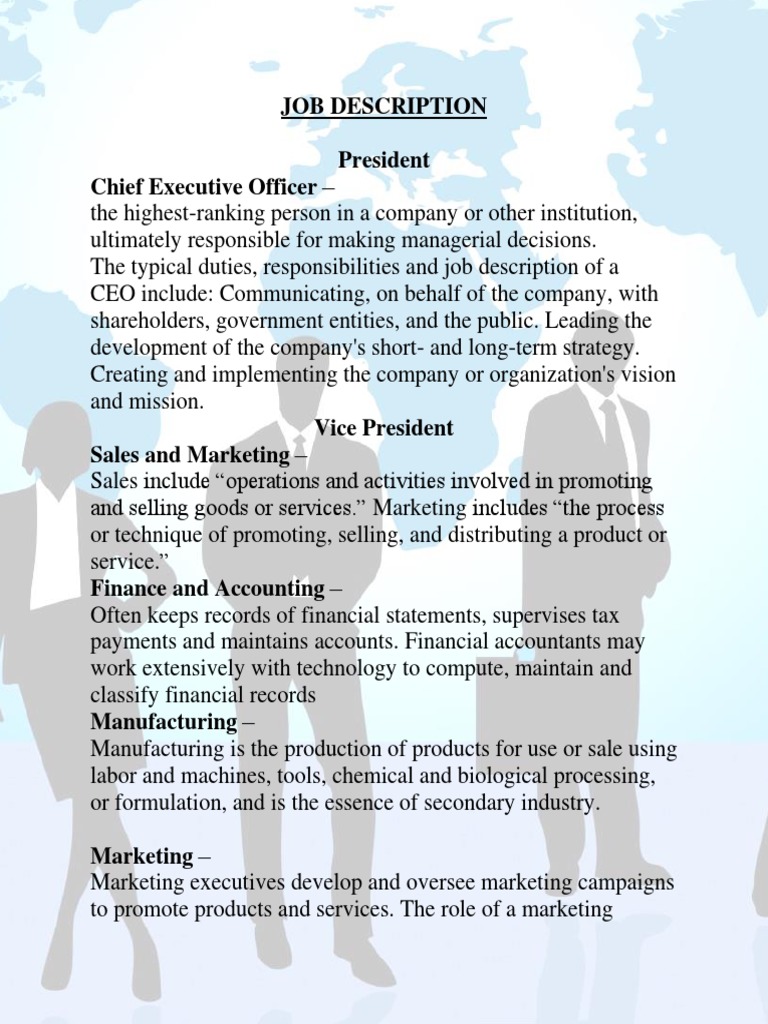 Job Description President Chief Executive Officer | PDF | Sales | Marketing