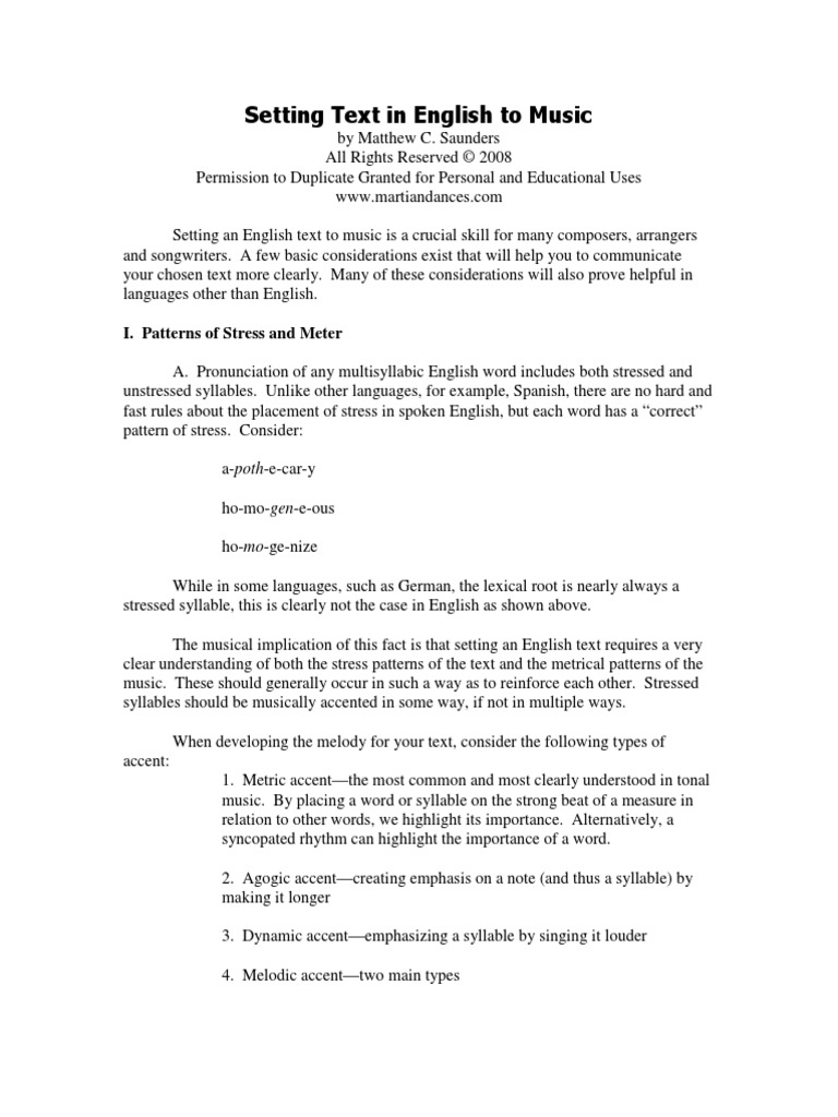 Setting Text in English To Music: I. Patterns of Stress and Meter | PDF ...
