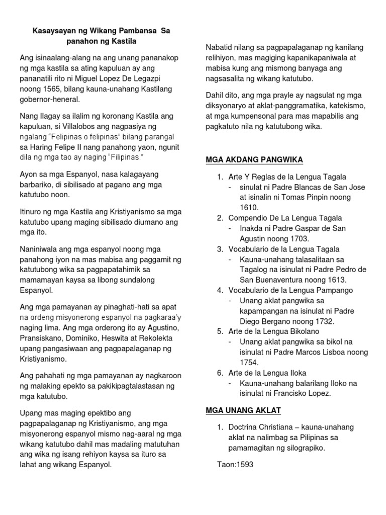 Kasaysayan NG Wikang Pambansa Sa Panahon NG Kastila | PDF