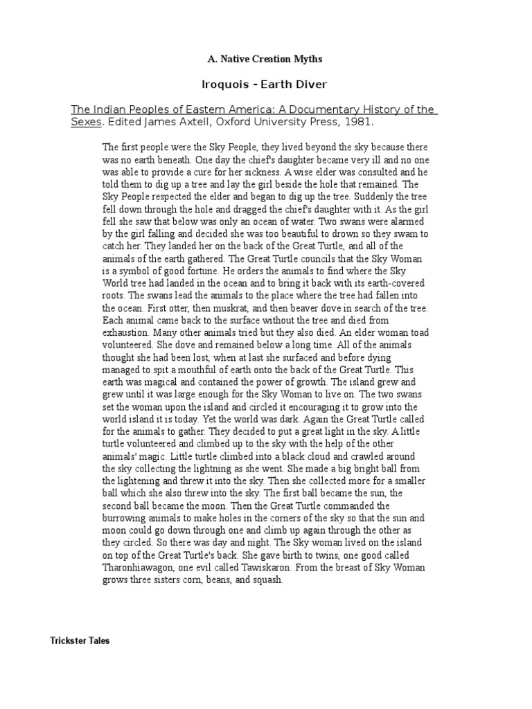 A. Native Creation Myths Iroquois - Earth Diver: Trickster Tales | PDF ...