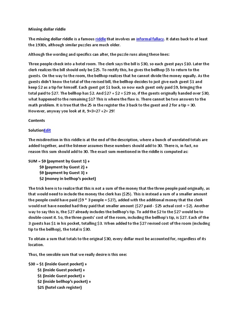 The Missing Dollar Riddle: Explaining the Logical Flaw and Providing ...