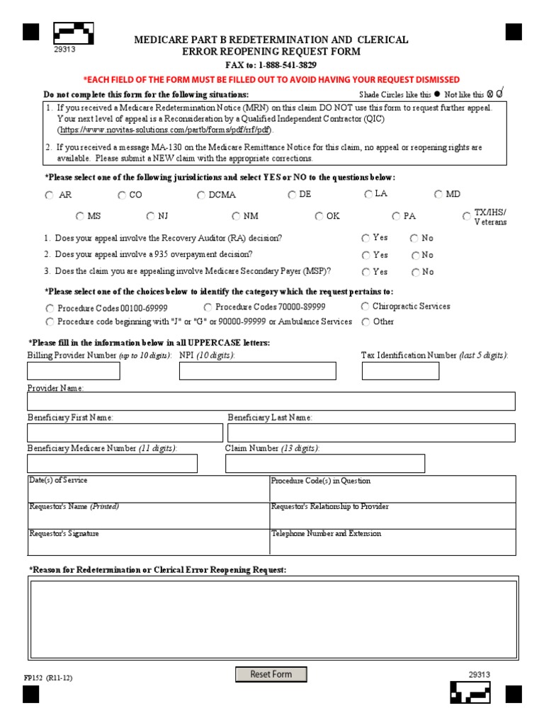 Medicare Part B Redetermination and Clerical Error Reopening Request ...