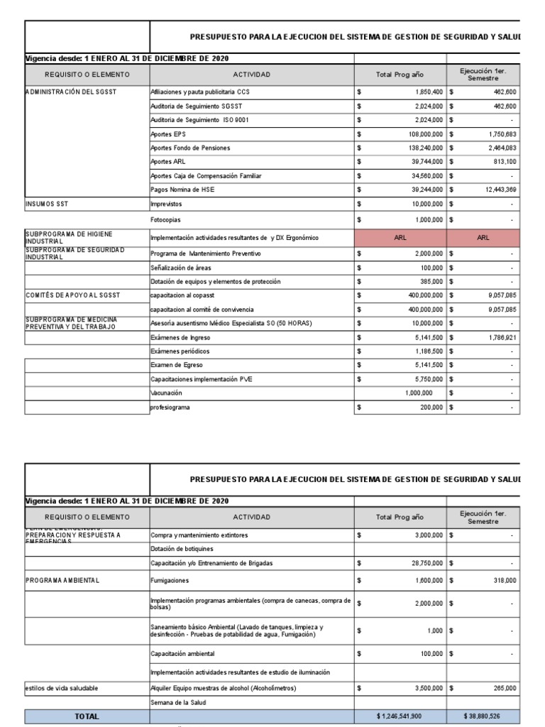 Presupuesto SGSST 2020 en Excel | PDF | Salud y bienestar | Medicina
