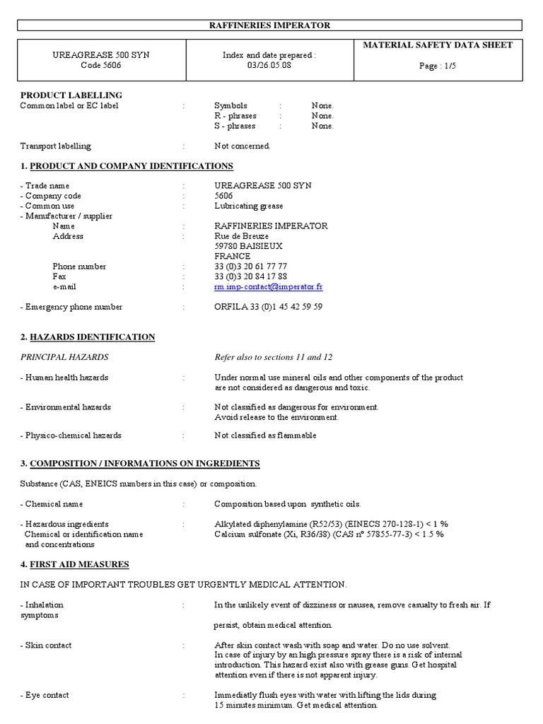 Msds Ureagrease 500 Syn (1) Omega 85 Tech2 | PDF | Toxicity | Combustion