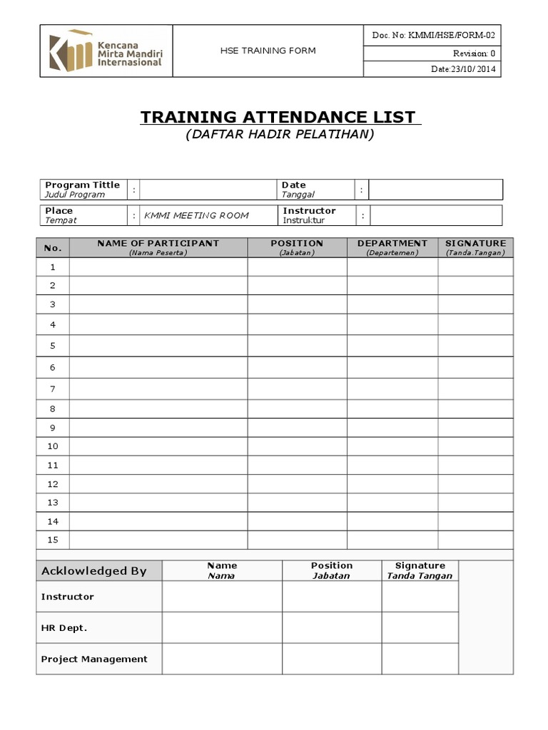 Training Attendance List: (Daftar Hadir Pelatihan) | PDF