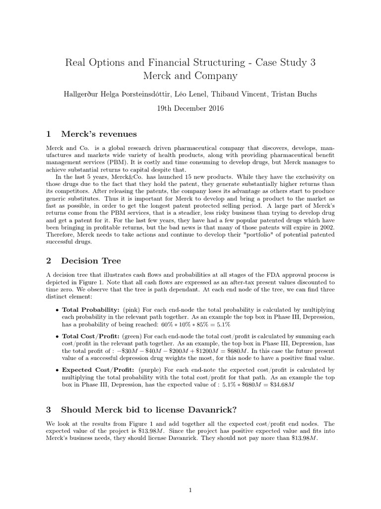 Real Options and Financial Structuring - Case Study 3 Merck and Company | PDF | Merck & Co ...