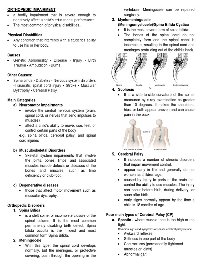 Orthopedic Impairment Handouts | PDF | Cerebral Palsy | Scoliosis