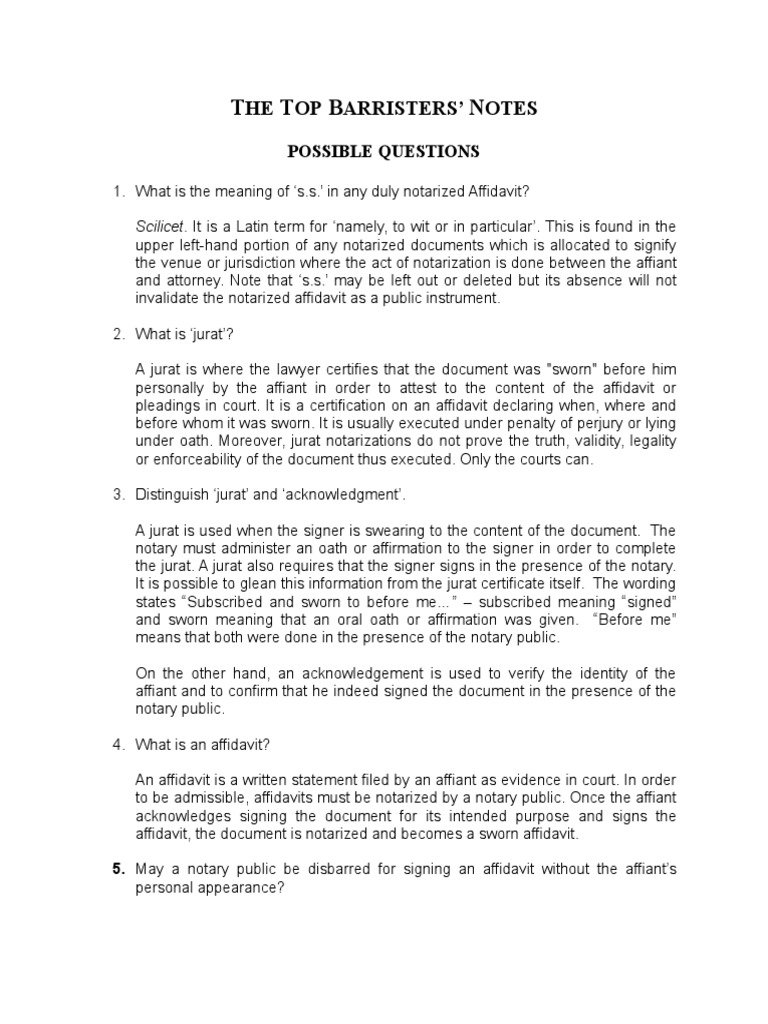 Barristers' Notes For Sem 1 Prelims Exams | PDF | Affidavit | Notary Public