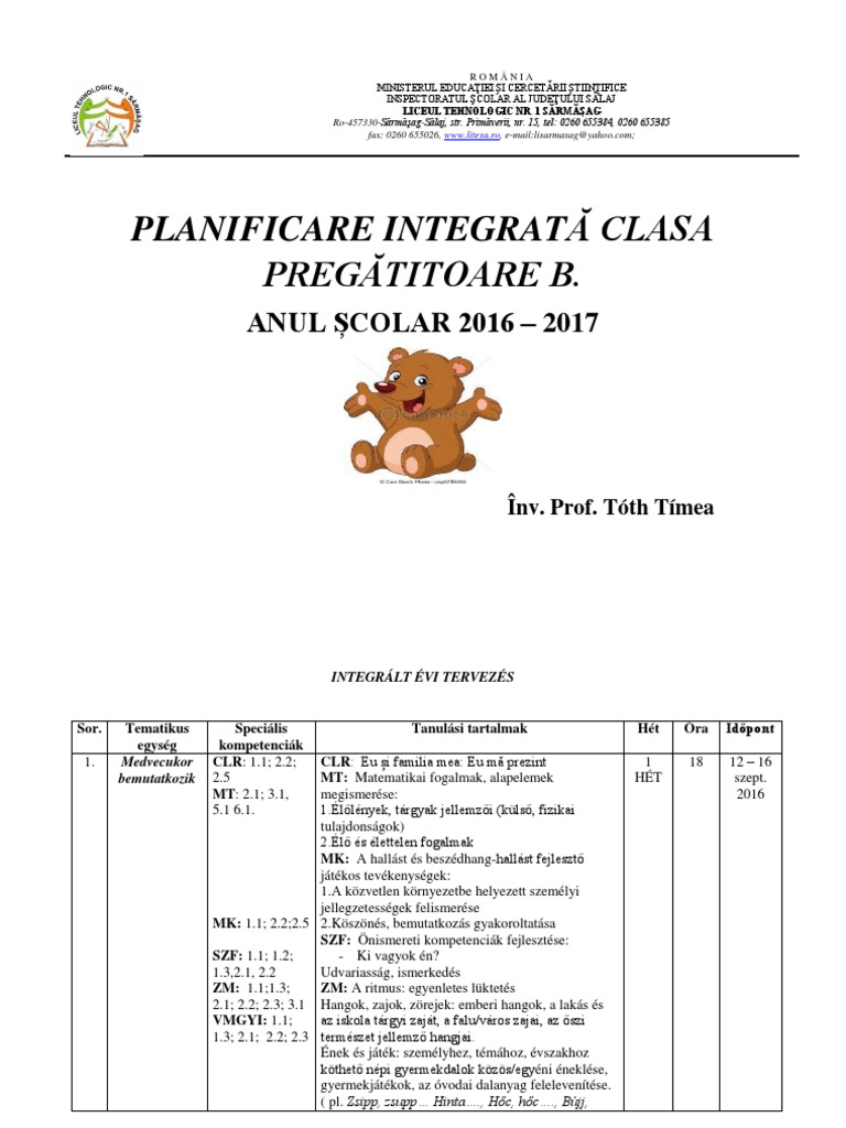 Planificare Integrata Clasa Pregatitoare | PDF