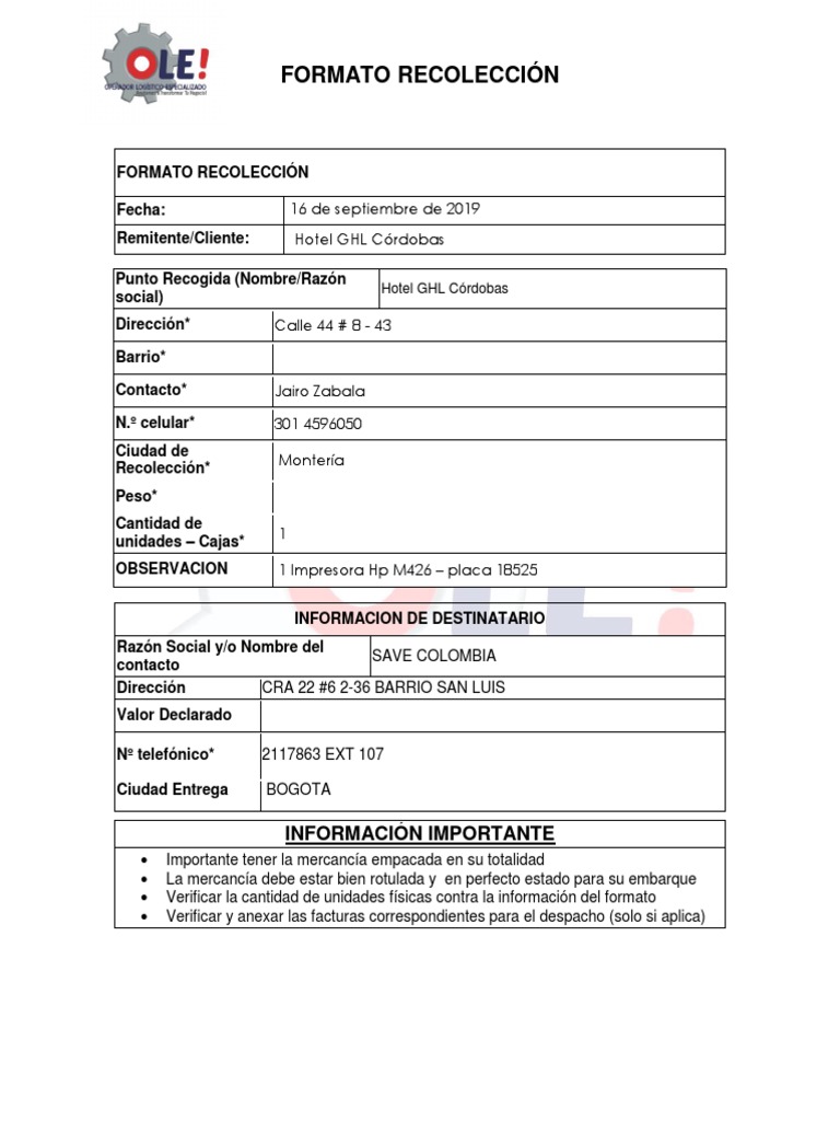 Formato Recoleccion Ole ! Operador Logistico Especializado | PDF
