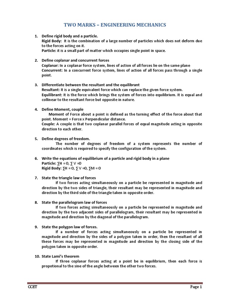 Two Marks - Engineering Mechanics | PDF | Rotation Around A Fixed Axis | Torque
