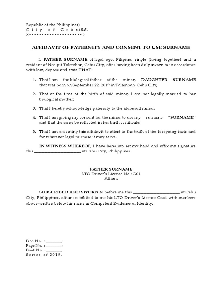 Affidavit of Paternity and Consent To Use Fathers Surname | PDF