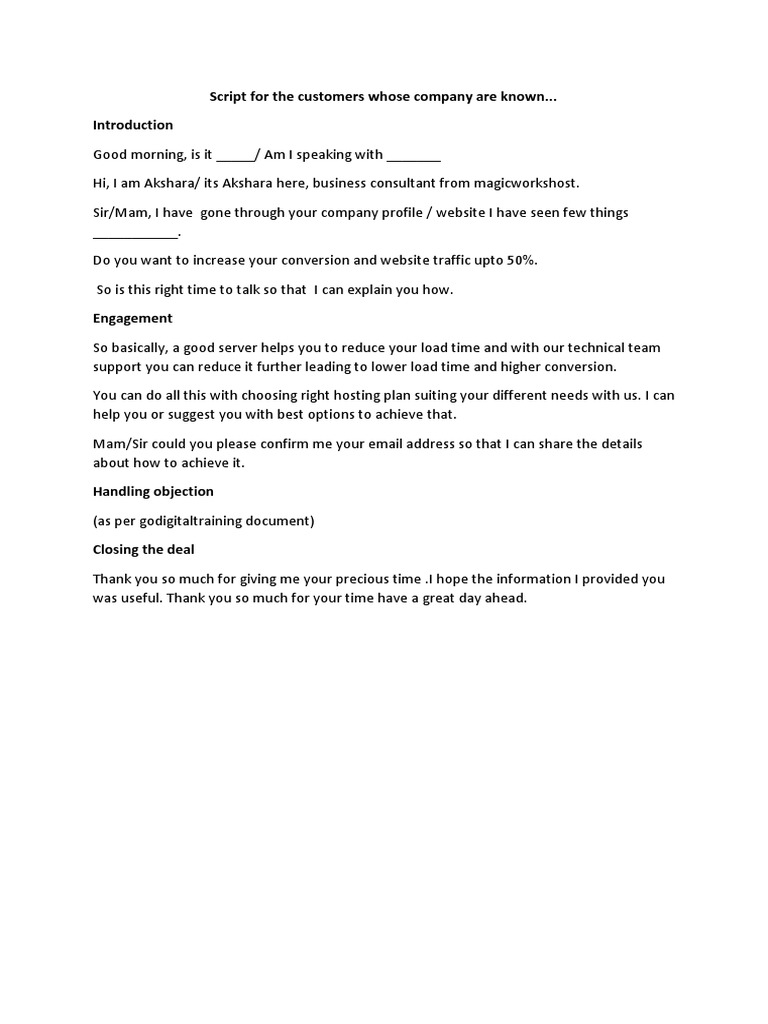 Script For The Customers Whose Company Are Known.. | PDF