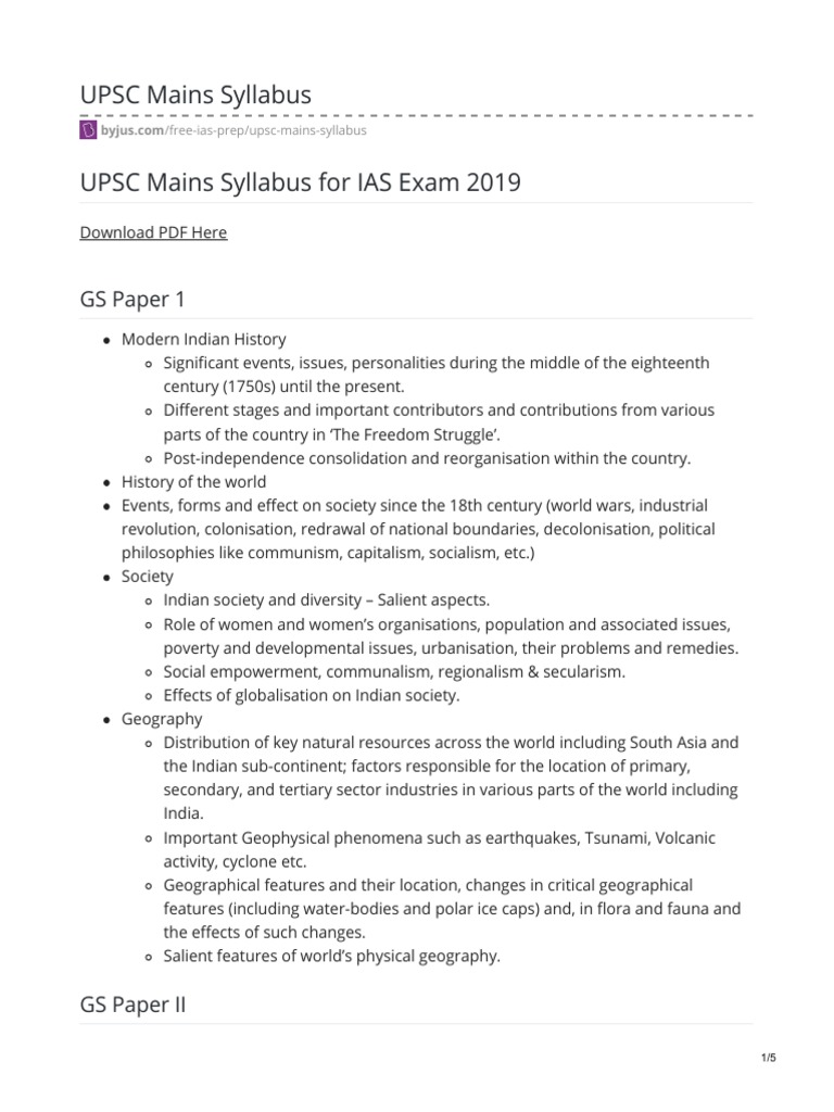 UPSC Mains Syllabus UPSC Mains Syllabus For IAS Exam 2019: GS Paper 1 ...