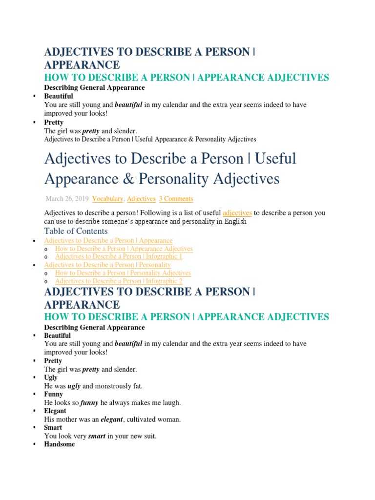 Adjectives Describe Person Appearance | PDF | Human Appearance