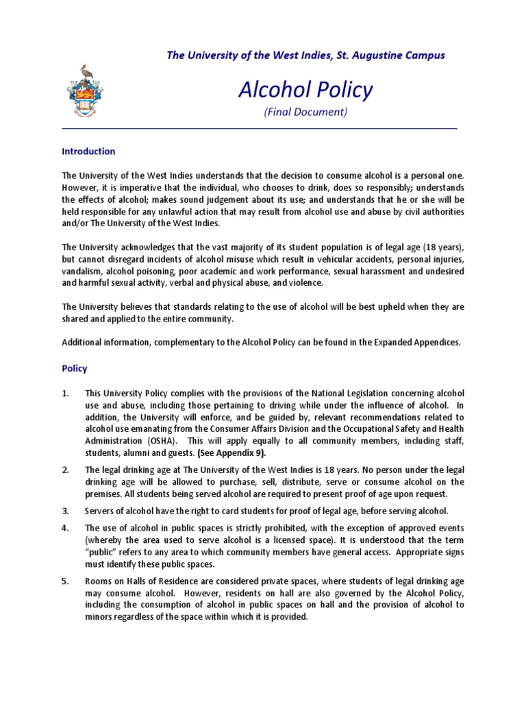 UWI St. Augustine Alcohol Policy | PDF | Alcoholic Drinks | Bar