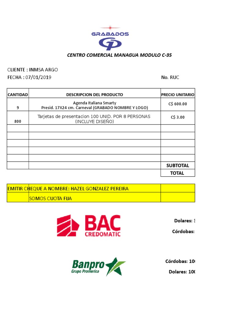 Cotizacion Agendas y Tarjetas Inmsa Argo | PDF