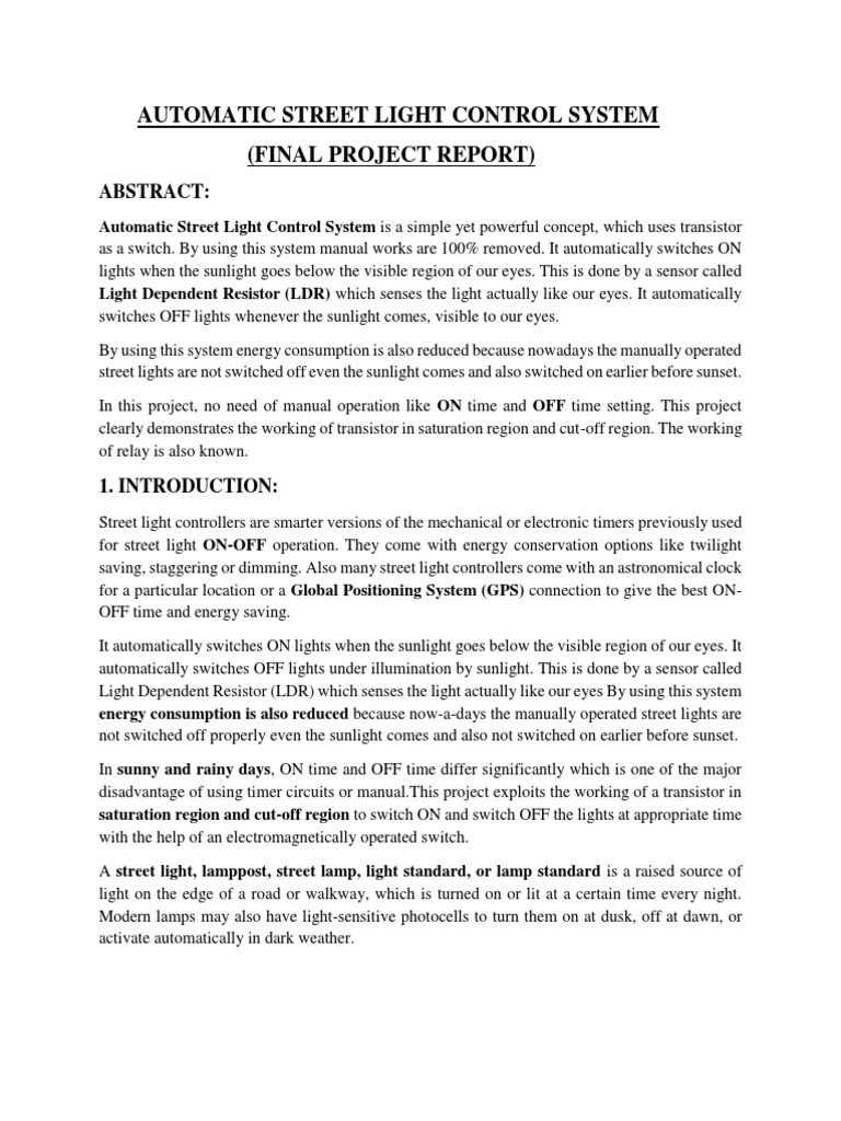 Automatic Street Light Control System (Final Project Report) | PDF ...