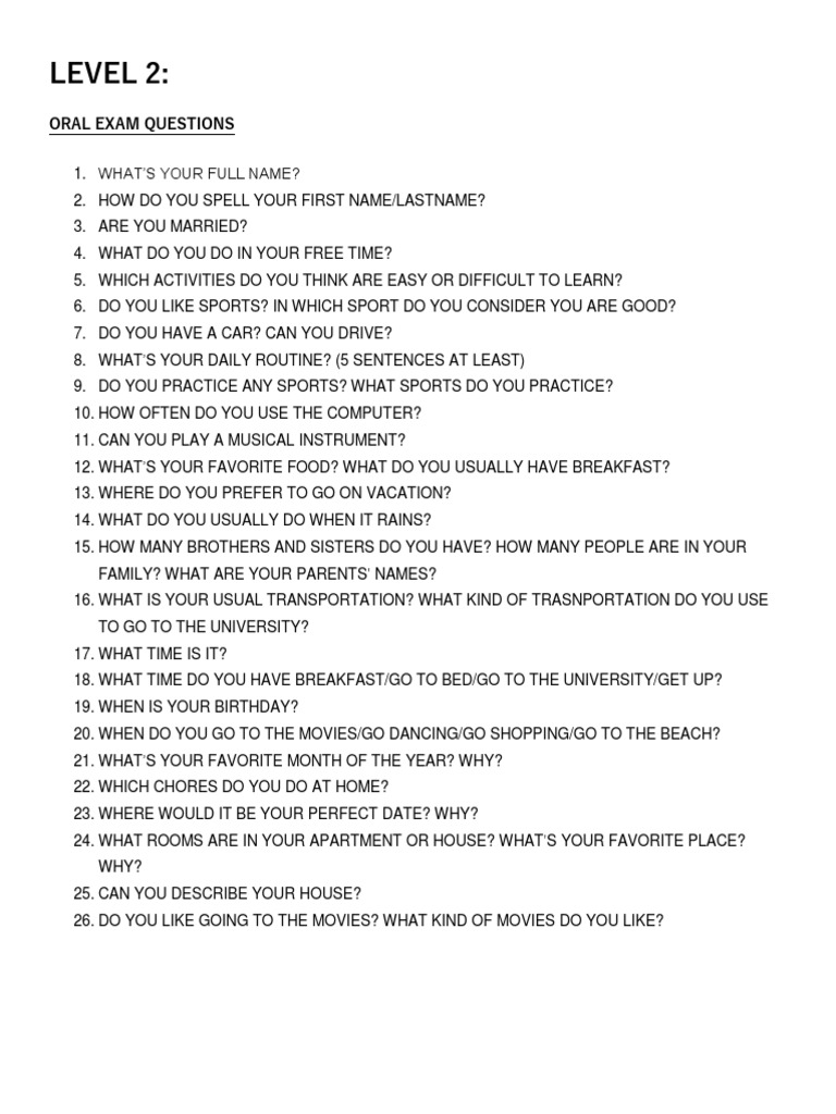 Level 2 Oral Exam Questions Guide | PDF