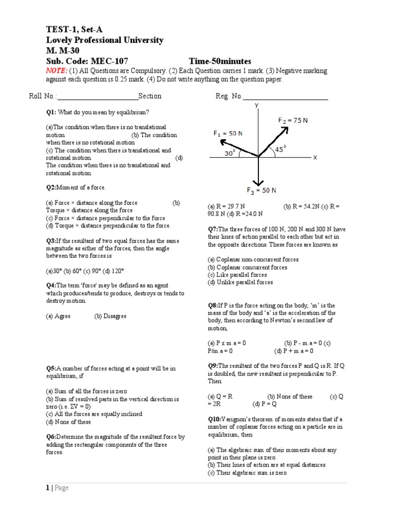 TEST-1, Set-A Lovely Professional University M. M-30 Sub. Code: MEC-107 ...