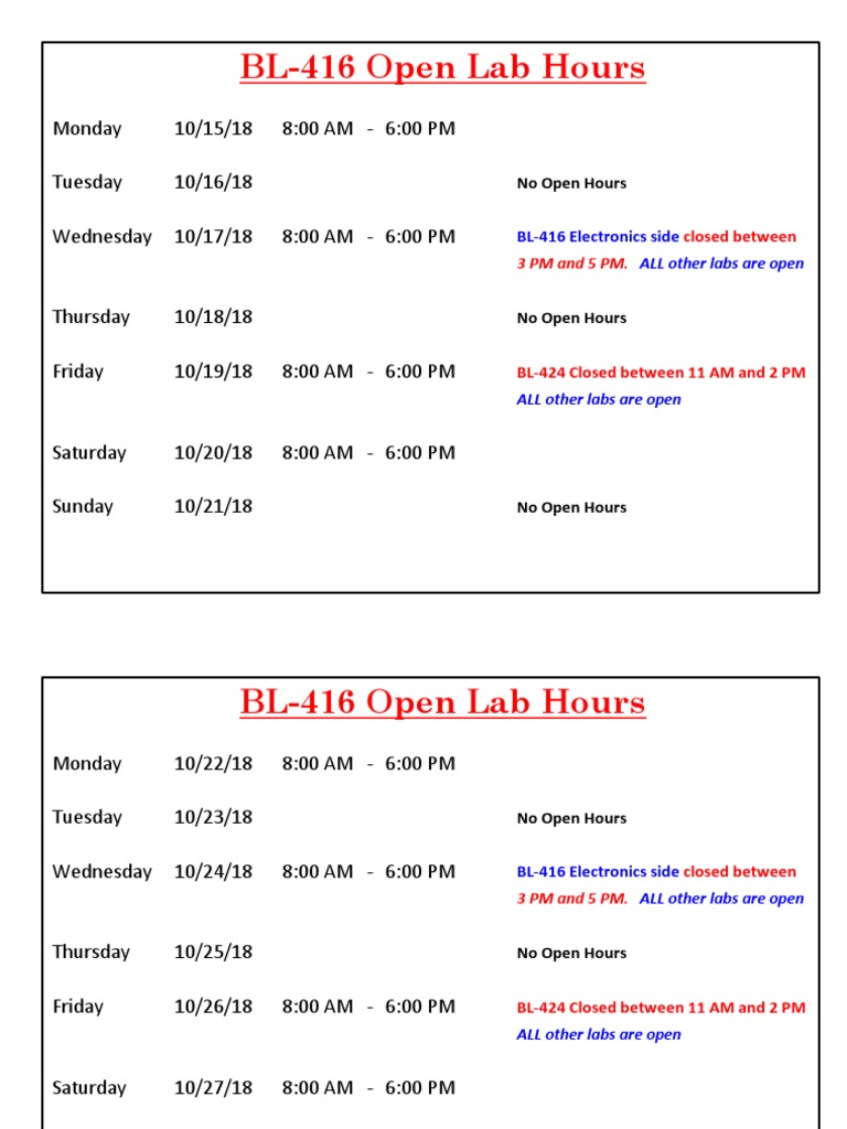 Labs Open Lab Hours Weekly | PDF | Sports | Leisure