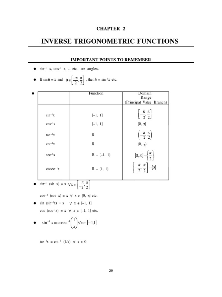 Inverse Trigonometric Functions: Important Points To Remember | PDF ...