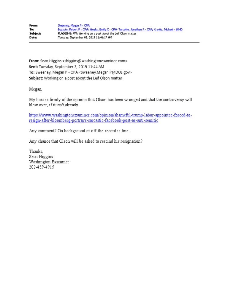 DOL FOIA Response Re: Bloomberg Leif Olson Smear | PDF | Occupational ...