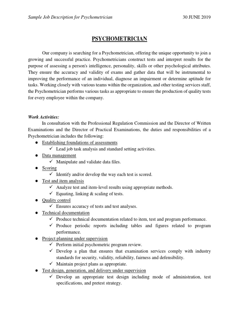 Psychometrician: Sample Job Description For Psychometrician | PDF ...