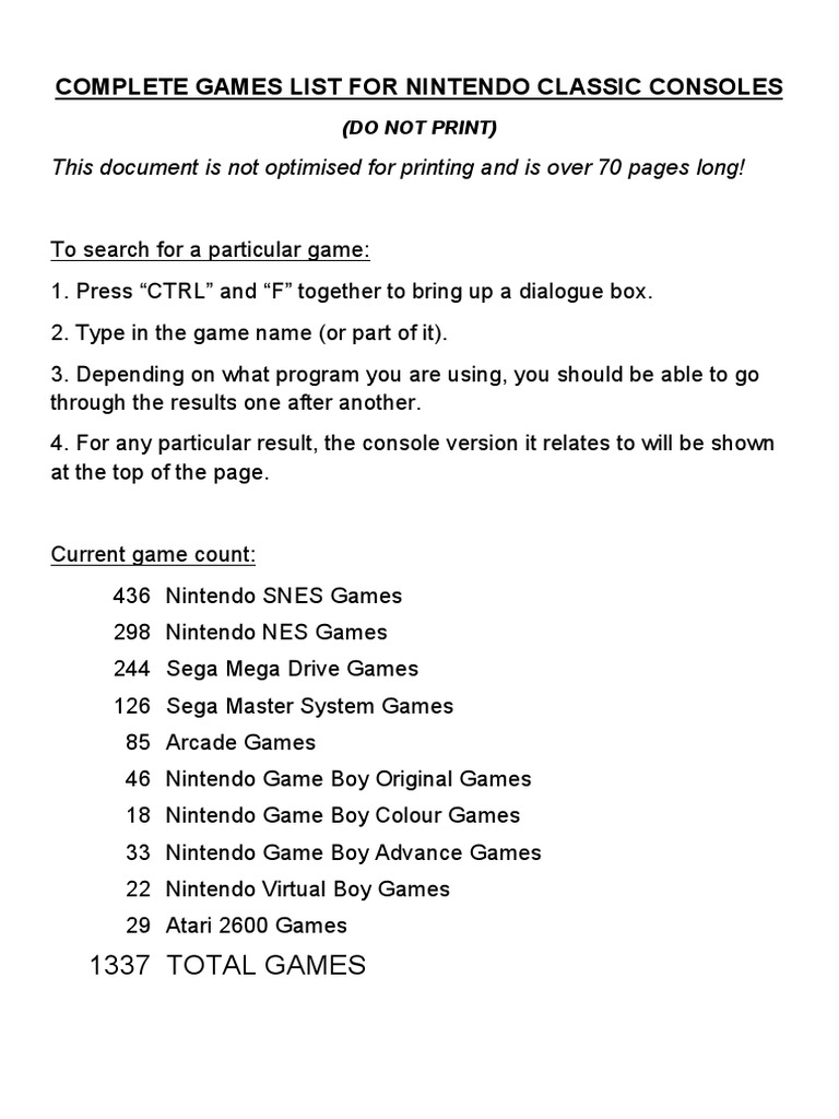 Complete Games List For Nintendo Classic Consoles | PDF | Mario | The ...