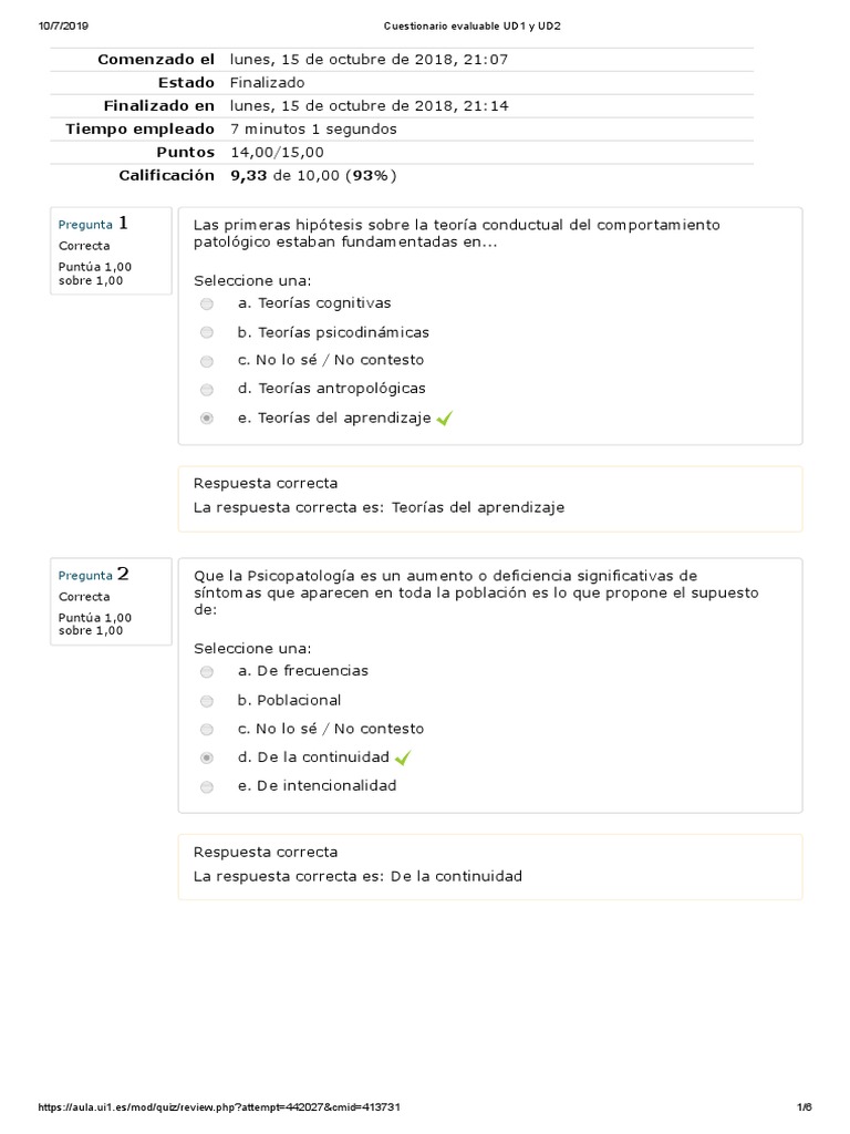 Cuestionario Evaluable UD1 y UD2 | PDF | Psicología anormal | Sicología