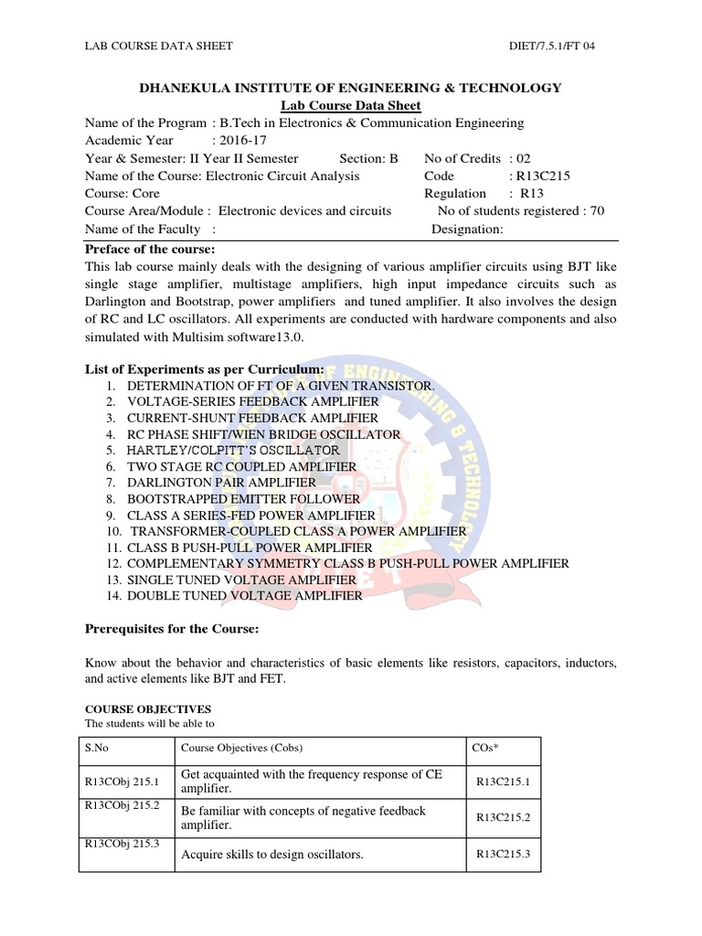 ECA Lab Course Data Sheet FTL04 | PDF | Amplifier | Electronic Oscillator