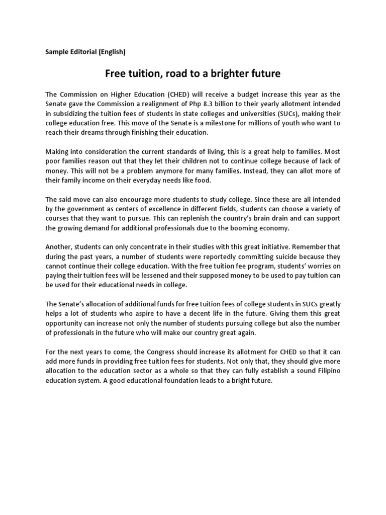 Free Tuition, Road To A Brighter Future: Sample Editorial (English ...