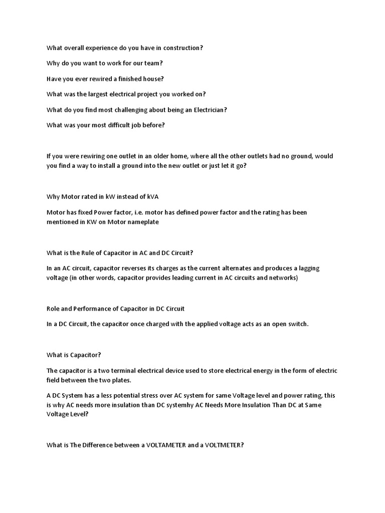 Electrical Interview Questions | PDF | Capacitor | Voltage