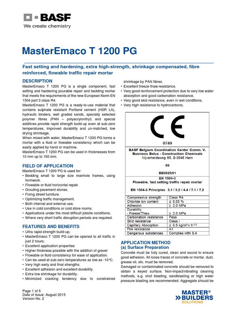BASF MasterEmaco T 1200 PG Tech Datasheet | PDF | Concrete | Mortar ...
